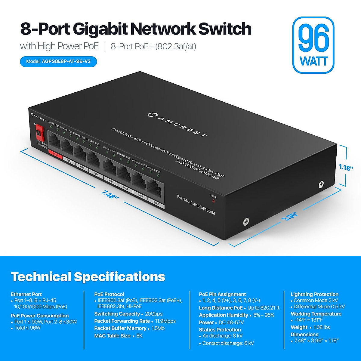 Amcrest 8-Port POE+ Power Over Ethernet POE Switch with Metal Housing, 8-Ports POE+ 802.3af/at 96w (AGPS8E8P-AT-96-V2)