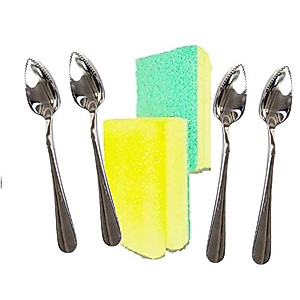 Four (4) Grapefruit Spoons and Two (2) Grapefruit Knives, Stainless Steel, Serrated Edges With BONUS Sponges