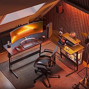 CubiCubi L Shaped Gaming Desk Computer Office Desk with Carbon Fiber Surface, 47 inch Corner Desk with Large Monitor Stand for Home Office Study Writing Workstation, Black