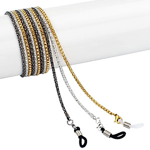 Whaline 3 Pieces Eyeglasses Chain Sunglass Neck Strap Holder with 6 Pcs Adjustable Rubber Ends Connectors (Silver Golden Black)