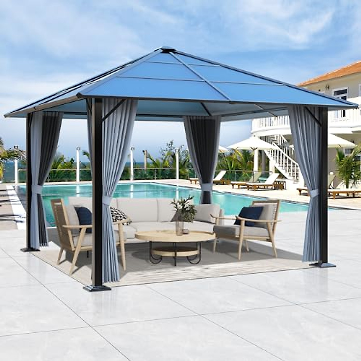 Funny Sunny10'x10' Hardtop Gazebo, Outdoor Gazebo with Translucent Roof, Polycarbonate Top Steel Frame Garden Tent with Breathable Mesh and Privacy Curtains for Patio Lawn Garden Backyard, Gray