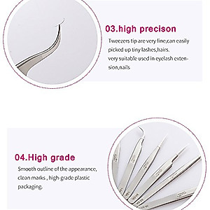 Yelix Cosmetic Stainless Steel Tweezers for Eyelash Extension Precision Makeup Tools for Eyelash Grafting Set 5B-SA