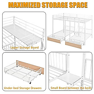 Harper & Bright Designs Metal Triple Bunk Beds with Storage, Full Over Twin & Twin Bunk Beds with Drawers,3 Bed Bunk Bunk for Kids, Girls, Boys,Teens, Adults,Can be Separated into 3 Beds, White