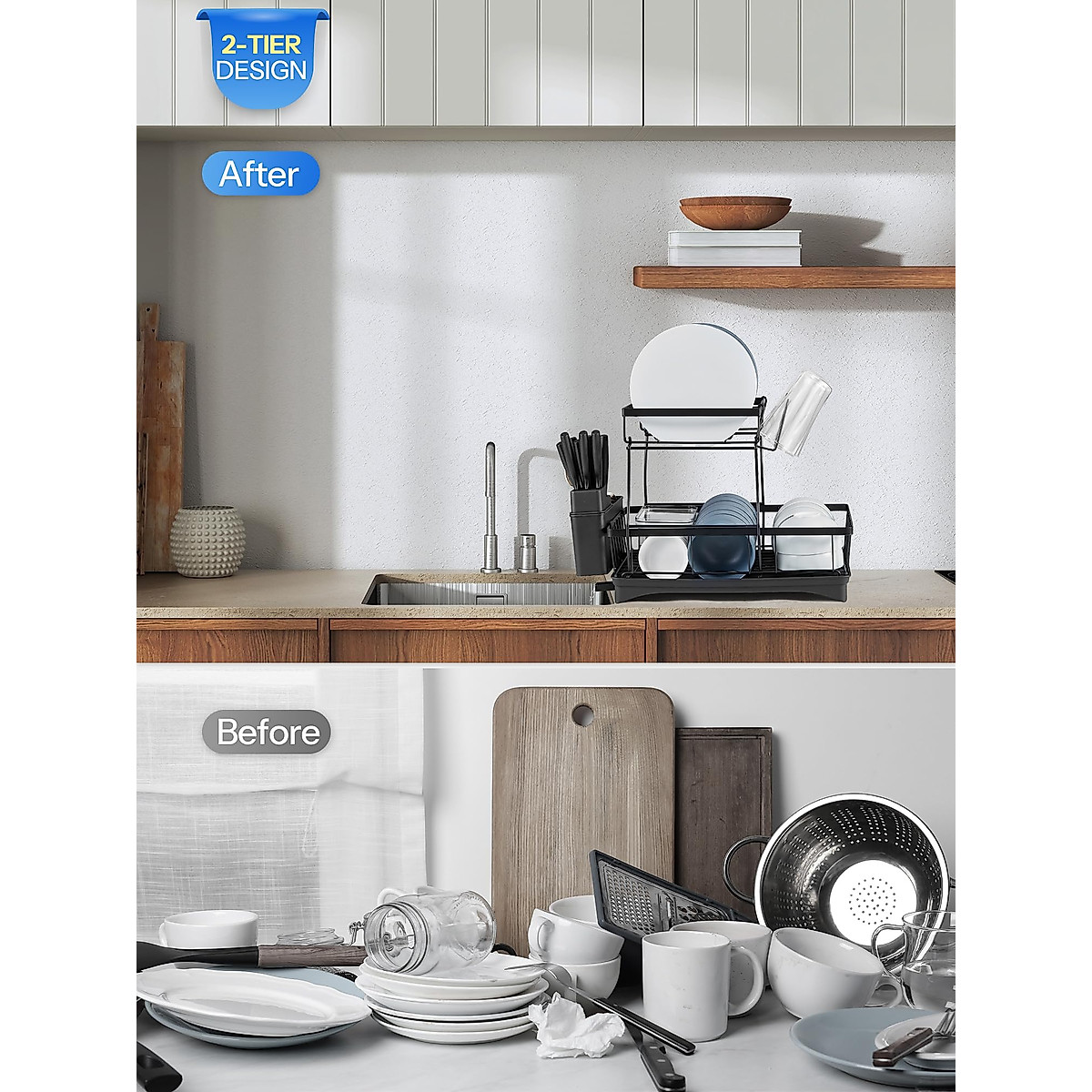 Reemix Dish Drying Rack, 2 Tier Dish Drainer with Removable Utensil Holder and Swivel, Durable High Carbon Steel Material, Larger Capacity, Easy Installation, Black