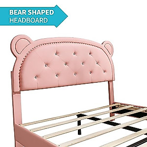CECER Twin Bed Frames for Kids, Pink Children Platform Bed, Kid Bed Frame with Bear Shaped Headboard, Faux Leather Upholstered, Rivet Decoration, Wood Slats, No Spring Box Needed