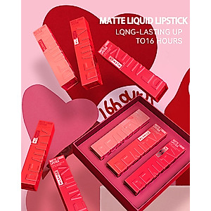 Matte Liquid Lipstick Set-3Pcs High Pigmented Lip Stain Tint,Matte Velvet Lip Gloss,Up to 16H Wear Lipgloss,Long Lasting Waterproof Non-Stick Cup Tinted Lip Blam Lipstain,Makeup Gift for Women-Set B