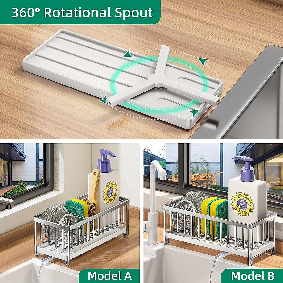 PETXPERT Kitchen Sink Caddy, Sponge Holder for Kitchen Sink, Dish Sponge Organizer with Divider, Rustproof 304 Stainless Steel Dish Brush Holder Storage for Bathroom, Silver