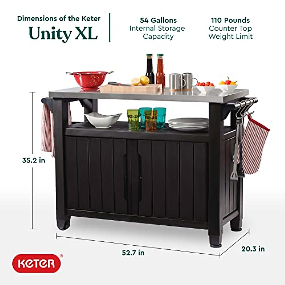 Keter Unity XL Portable Outdoor Table and Storage Cabinet w/ Accessory Hooks, Stainless Steel Top for Patio Kitchen Island or Bar Cart, Espresso Brown