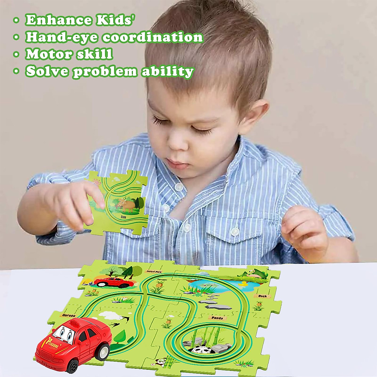 Puzzle Track Car Play Set - DIY Car Tracks Children's Educational Puzzle Board with Electric Vehicle Toy for Toddler Boys Kids Gift (Forest-5pcs)