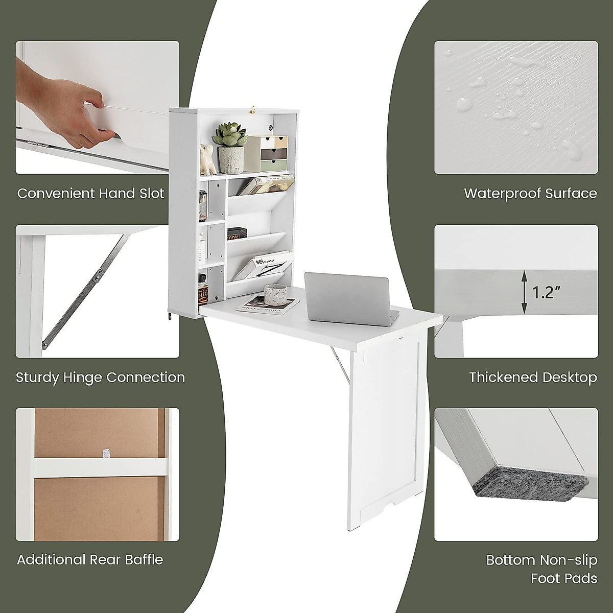 IFANNY Folding Wall Mounted Desk, Fold Down Desk with Storage Shelves, Wood Convertible Desk for Small Spaces, Murphy Desk Wall Mount, Floating Desk for Home Office (White)