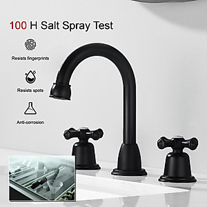 RKF Bathroom Faucets for Sink 3 Hole Matt Black 8 inch Widespread Bathroom Sink Faucet with Drain 2 Handles Cross Knobs Faucet Bathroom Vanity Faucet Basin Mixer Tap Faucet with Hose & Deck CWF039-MB