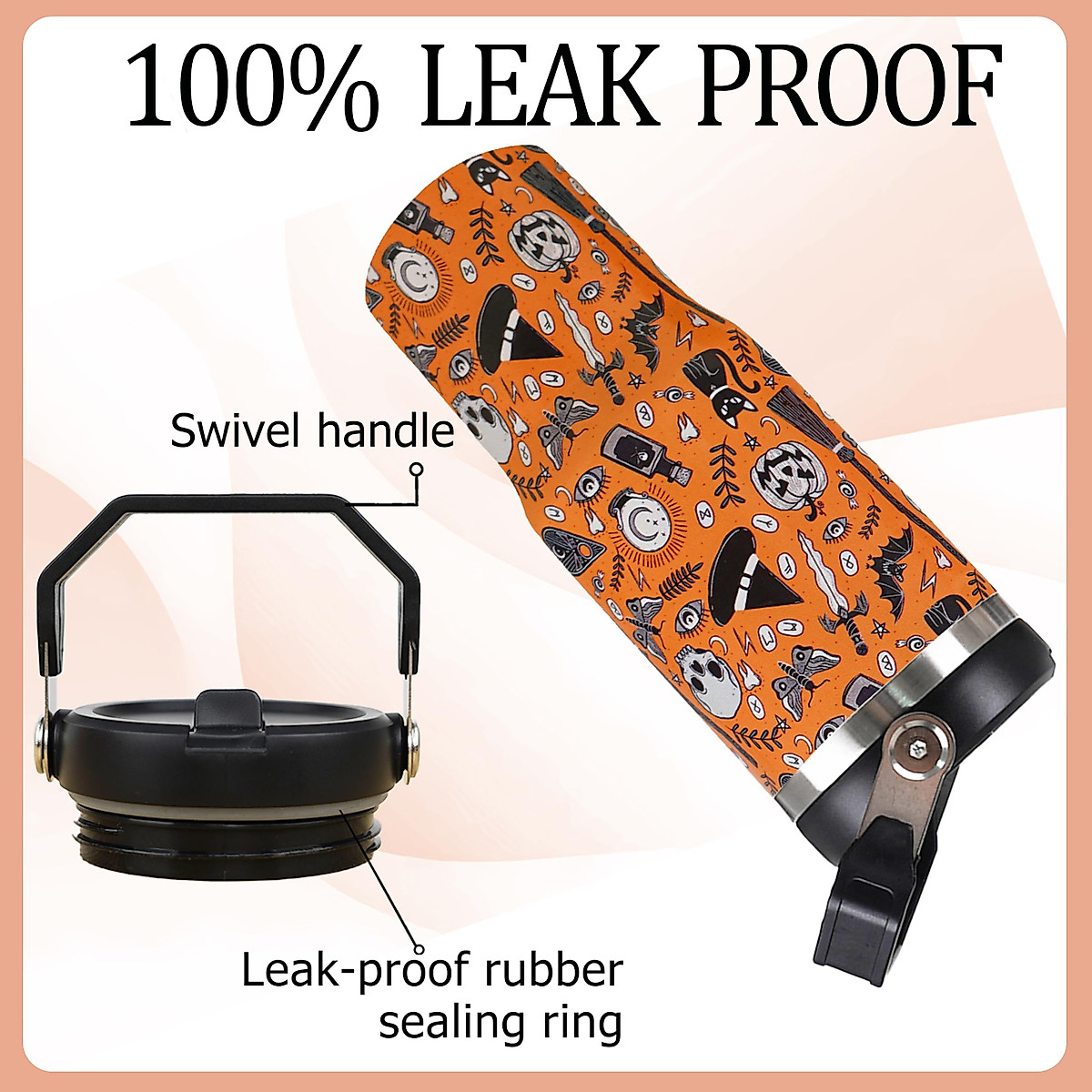 30oz Halloween Tumbler with Handle and Straw, Goth Black Cat Insulated Tumbler, Pumpkin Bat Skull Leak Proof Travel Coffee Mug, Reusable Stainless Steel Witch Tumbler, Halloween Gifts for Women