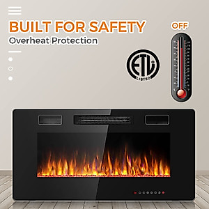 COSTWAY 36-Inch Electric Fireplace, 750W/1500W Wall Recessed and Mounted Fireplace Insert with Remote Control, 12 Flame Colors, 5 Brightness Settings, 8 H Timer, Fireplace Heater for Indoor Use