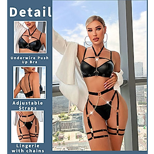 Avidlove Leather Lingerie Set for Women Sexy Strappy 5 Piece Lingerie Garter with Underwire Push Up Bra and Chain, Black,L
