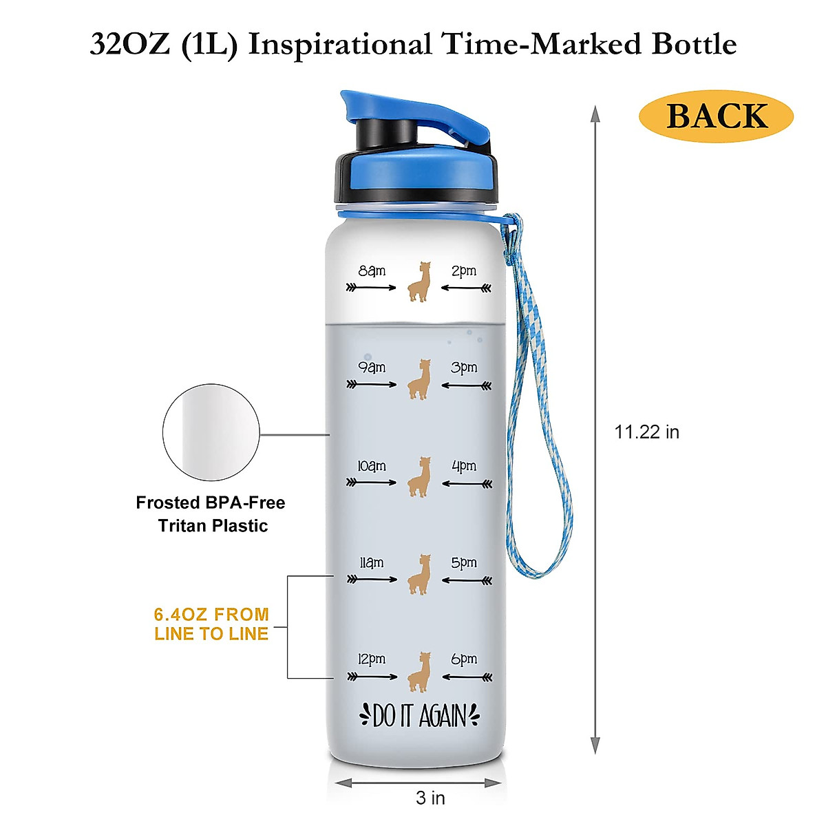 LEADO 32oz 1Liter Motivational Tracking Water Bottle with Times to Drink - Listen to Your Llama, Llama Gifts - Funny Mothers Day, Birthday Gifts for Women, Sister, Daughter, Coworker, Her