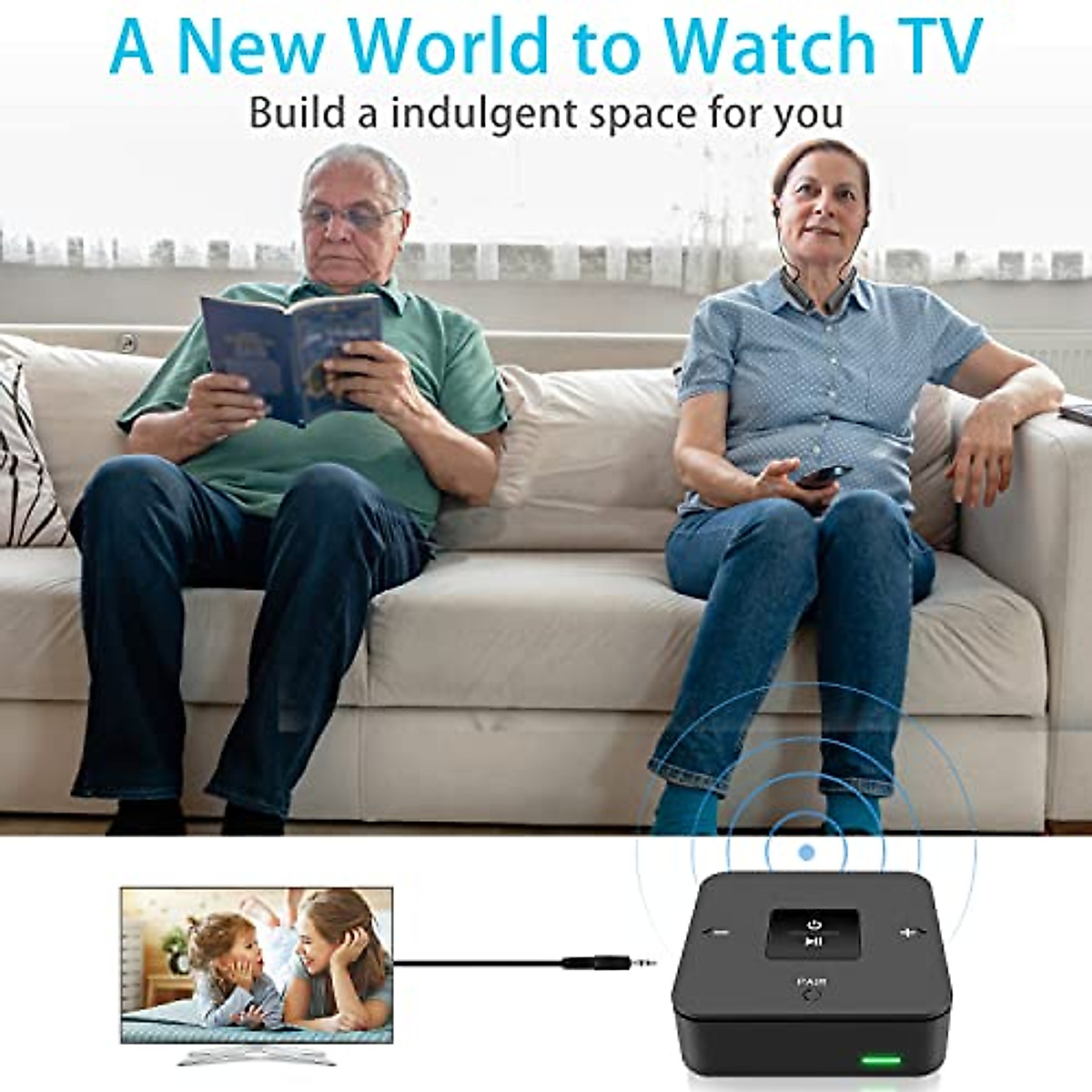 Friencity 2023 Upgraded Wireless Headphones Earbuds for TV Watching, Bluetooth V5.0 Transmitter (Optical AUX RCA) Set w/Neckband Earphones for Seniors, Plug & Play, Volume Control, No Lip-Sync Delay