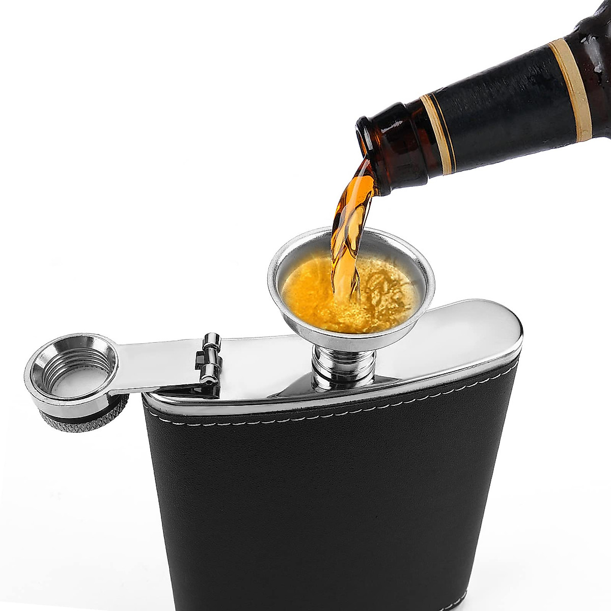 Hip Flask with Funnel, 8 oz Stainless Steel Whiskey Flask Portable Pocket Hip Flask for Men 100% Leak Proof Pocket Flask for Climbing Camping Barbecue Bar Party Drinker Black