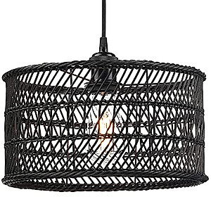 HOONEX Rattan Chandelier, Rattan Light Fixture Ceiling, 12.4" Wicker Pendant Light for Dining Room Bedroom Kitchen Island, Black