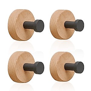 Funnytek Adhesive Wood Coat Hooks - 4 Pack Beech Wood Wall Hooks Natural Rustproof Coat Rack Adhesive Hooks for Wall, Towel Hooks for Hanging Coats, Hats, Bags, Keys (Style C)