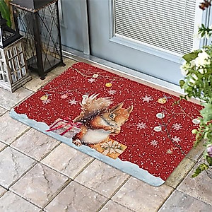 Christmas Bath Rugs Squirrel Xmas Ball Branch Sponge Doormat Absorbent Non Slip Backing Durable Soft Flannel Mat Snowflake Snow Red Christmas Memory Foam Mats Carpet for Bathroom Kitchen, 18 x 30 inch