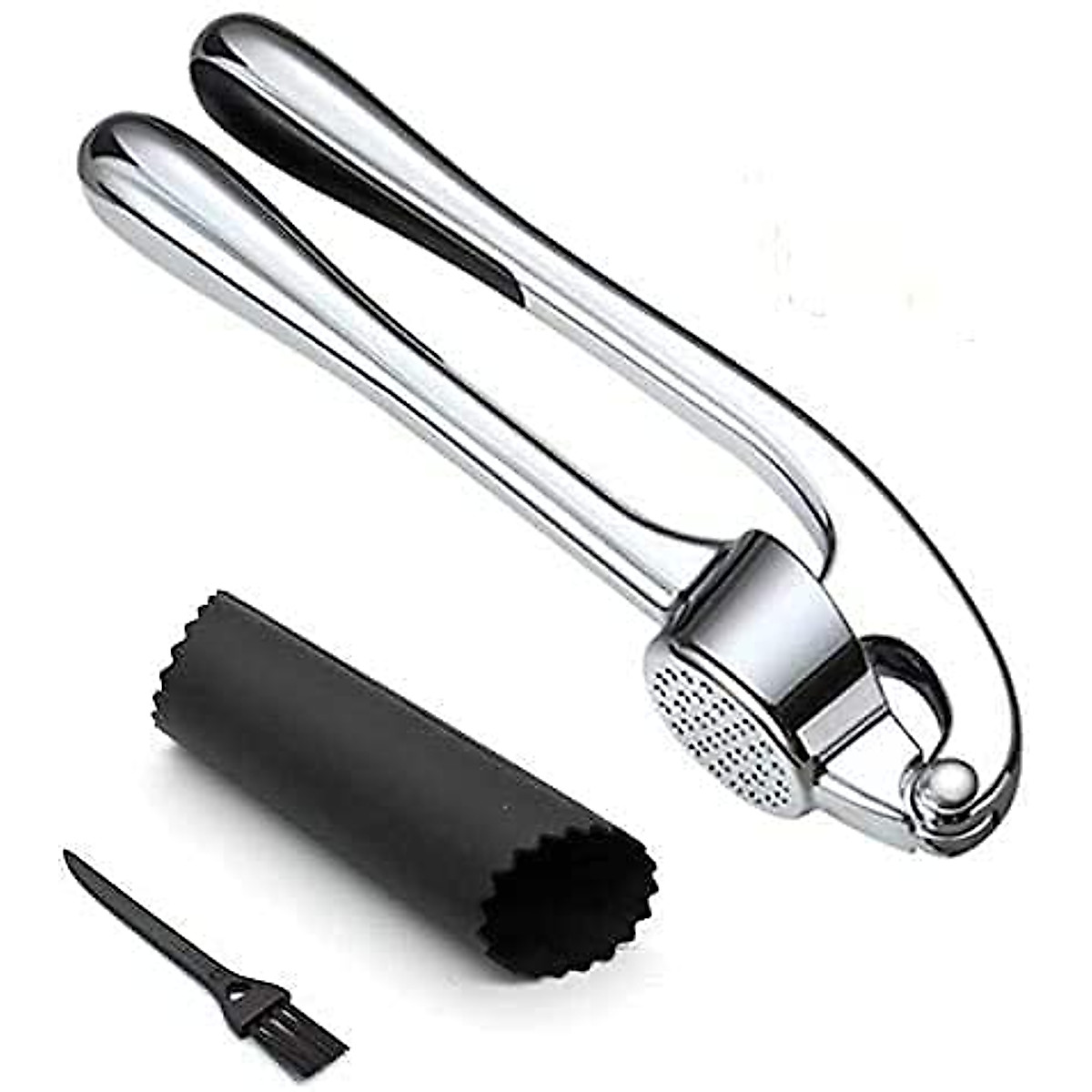 Garlic Press, Stainless Steel Garlic Press Tool with Cleaning Brush and Silicone Garlic Peeler 3 Pcs By Lechay