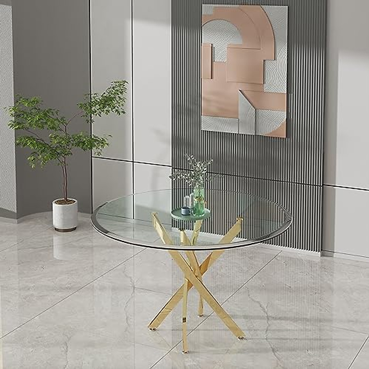 39" Round Dining Table, Glass Kitchen Dining Room Table for 4-6, Modern Circle Small Kitchen Table with 0.39" Tempered Glass Tabletop and Golden Stainless Steel Legs for Dinner Small Spaces
