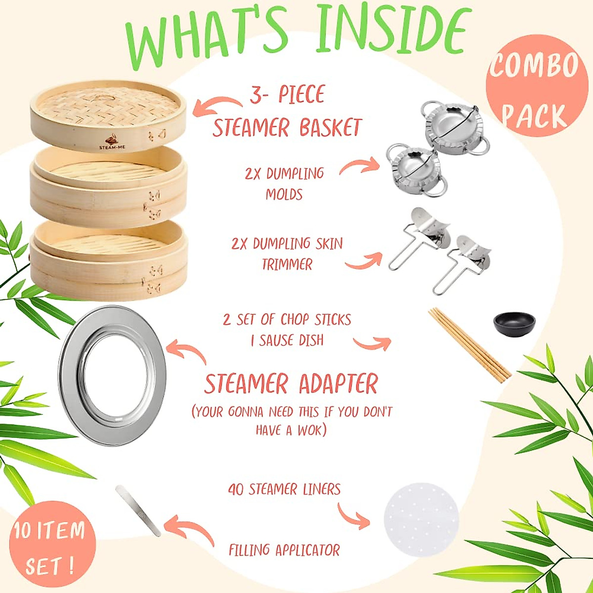 10 Inch Bamboo Steamer Basket with Steamer Ring- Steaming Basket for use as Dumpling Steamer, Bao Steamer, Dim Sum Steamer, Bun Steamer Basket Bamboo- Includes 2 Dumpling Maker Molds, 40 Liners & More