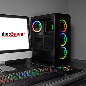Deco Gear Mid-Tower PC Gaming Computer Case 3-Sided Tempered Glass and LED Lighting - Mini-ITX, Micro-ATX, ATX - Includes 4 120mm Double Ring Fans w/Expansion for More, 7 Expansion Slots, 4 Drives