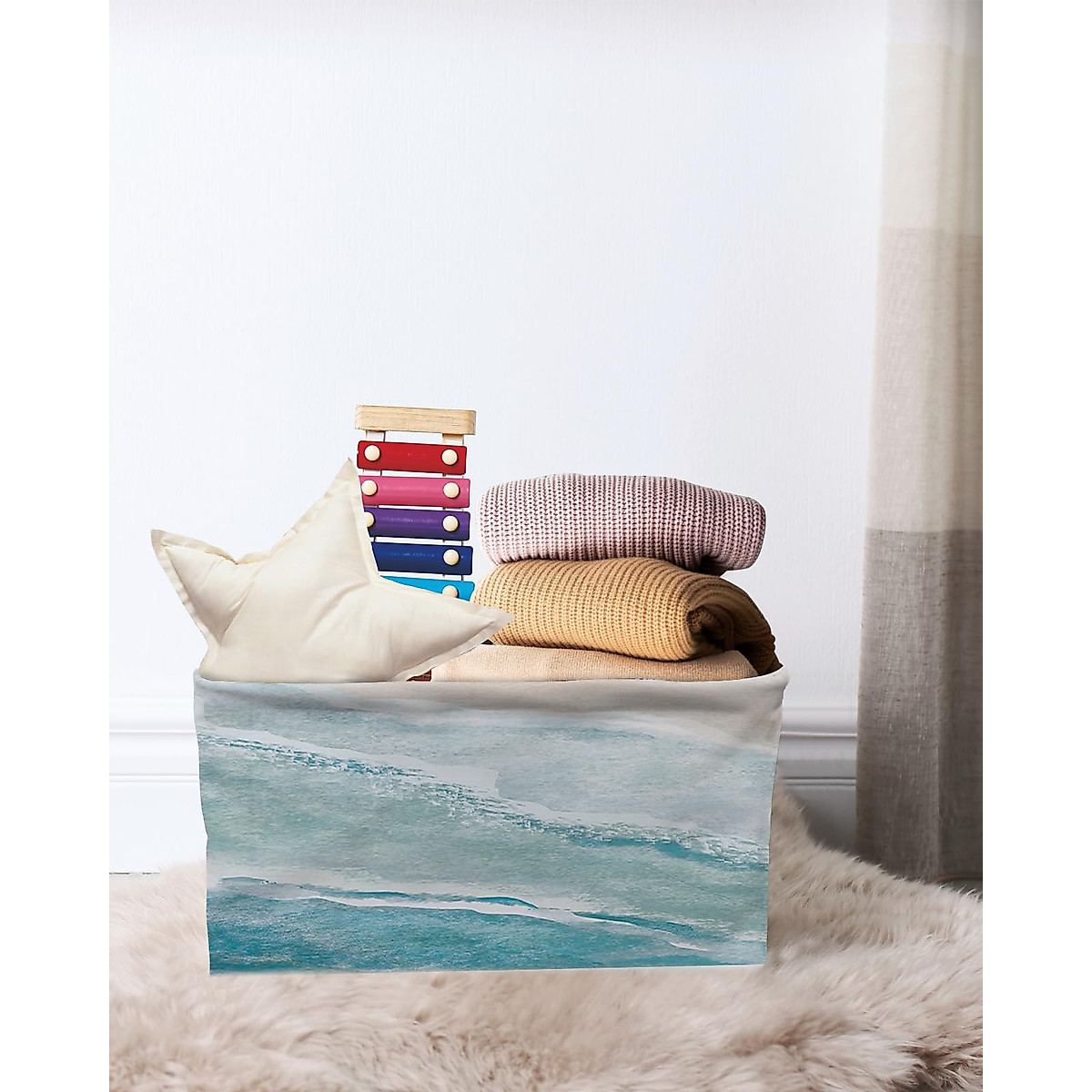 DecorLovee Summer Beach Storage Basket Waterproof Cube Storage Bin Organizer with Handles, Ocean Nautical Coastal Seaside Aqua Beige Collapsible Storage Cubes Bins for Clothes Books 15"x11"x9.5" 1 Pcs