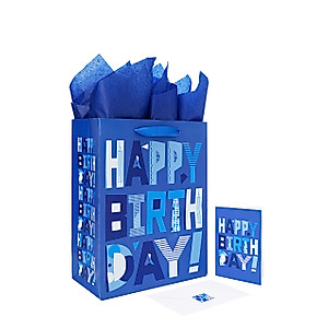 13" Large Blue Gift Bags Set with Greeting Card and Tissue Papers (Blue Happy Birthday) for Men's Birthday Party,Kids' Parties, Baby Shower, or Baby Boy - 13”x10.2”x5.2”, 1 Pcs