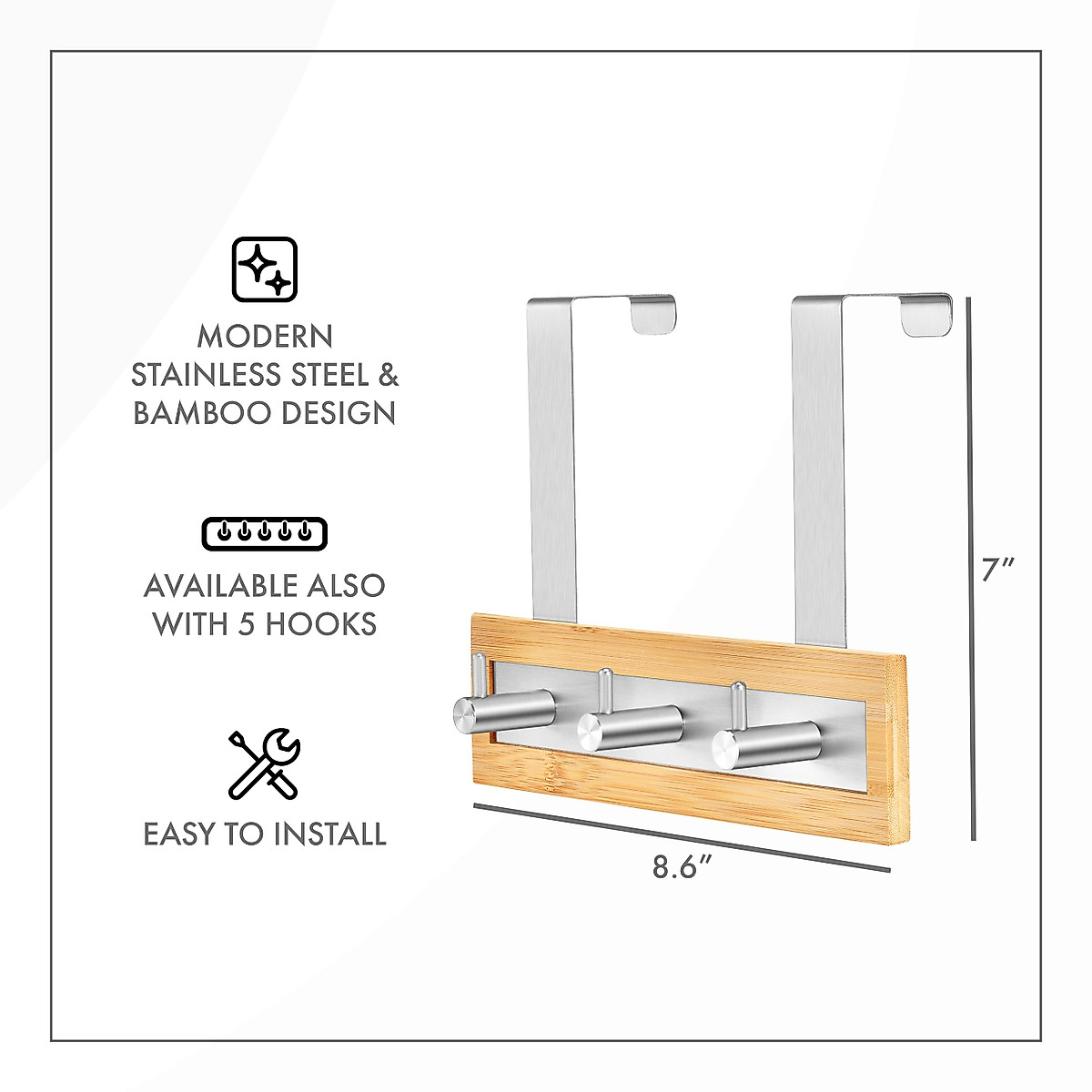 ToiletTree Products Bamboo Stainless Steel Over-The-Door Towel Hooks - Durable Coat, Clothes, and Towel Rack to Use in The Bathroom, Laundry Room, and Closet - 3 Hooks