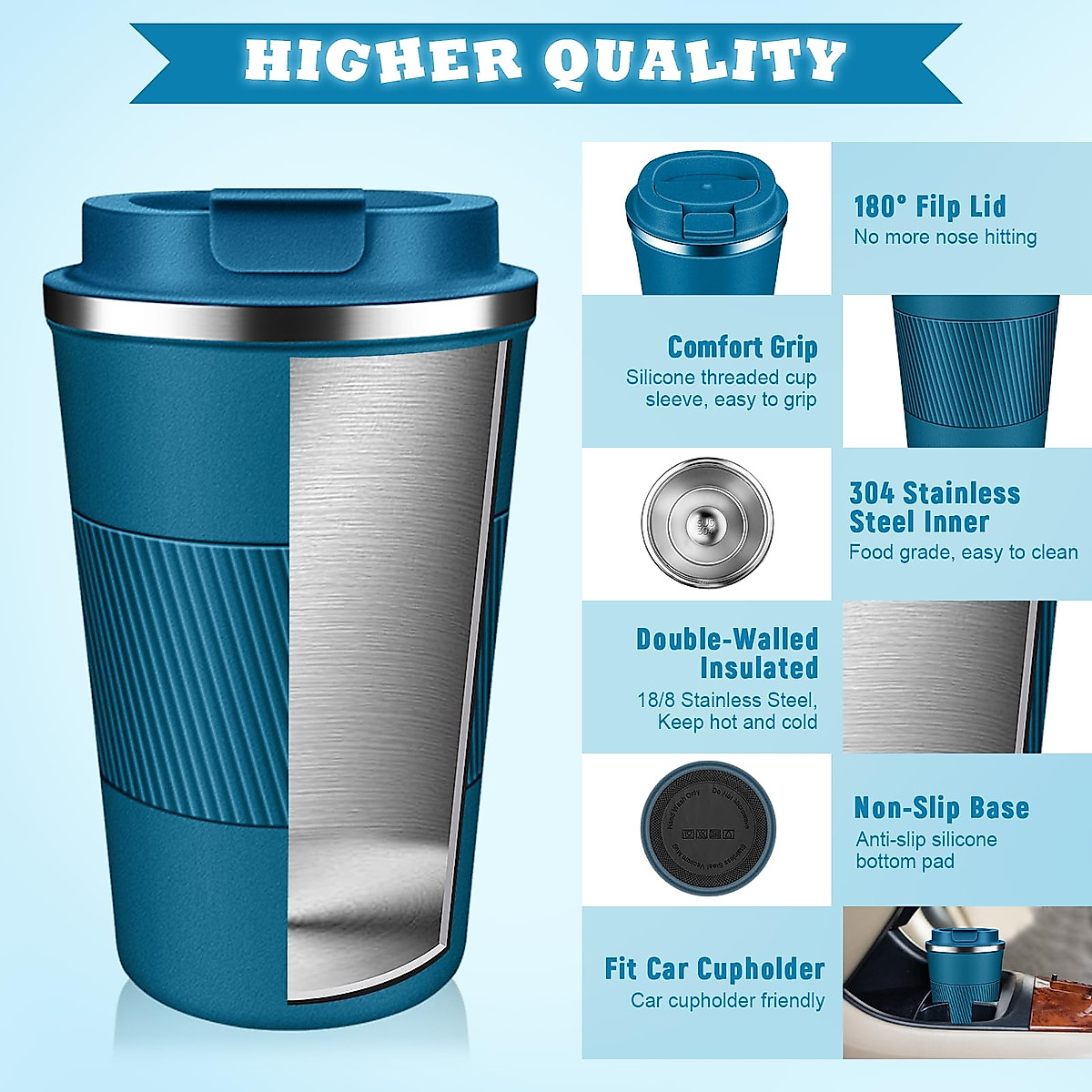 BAYTWA Coffee Tumbler 12oz/380ml - Insulated Coffee Mug with Lid, Leakproof Travel Coffee Cup, Stainless Steel Reusable Coffee Mug for Hot&Cold Drinks, Thermal Coffee Cups for Men Women-Blue/1 Pack