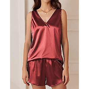 Ekouaer Silk Satin Pajamas Tank Top Pajama Short Sets Sleeveless Silky Pjs V Neck Lounge Sets Sleepwear for Women Wine Red S