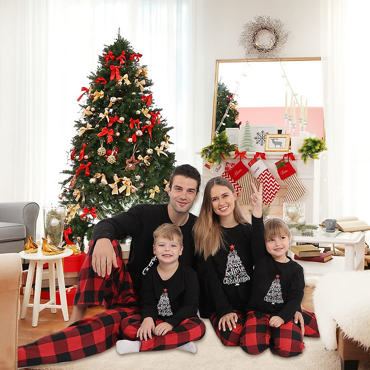 Onancehim Matching Christmas Pajamas for Family, Funny Holiday Cute Let It Snow Print Tops and Plaid Pants Xmas Sleepwear Pjs Set (Women, L, Black)