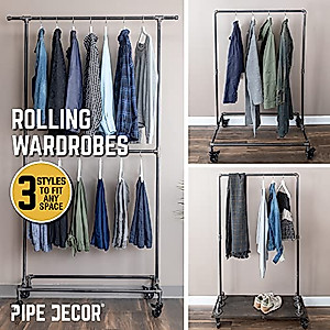 PIPE DECOR 39” x 20 ¼” x 82” Rolling Steel Pipe Double Rod Clothing Rack, Commercial or Residential Industrial Clothes Display, Heavy Duty Black Steel Metal Wheeled Garment Frame