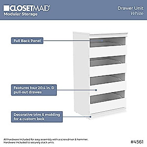ClosetMaid Modular Storage Unit with 4 Drawers, Wood Closet Organizer, Stacking, Full Backer, Storage, Decorative Trim, White