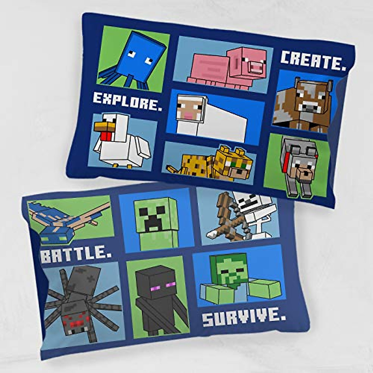 Jay Franco Minecraft Explore Create Battle Survive 1 Single Pillowcase - Double-Sided Kids Super Soft - Bedding Features Creeper, Enderman, Zombie, & Skeleton