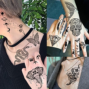 VANTATY 63 Sheets Realistic Black Rose Peony Flower Temporary Tattoos for Women Adults Body Art Arm, Snake Fake Floral Sketch Sleeve Tattoo Sticker