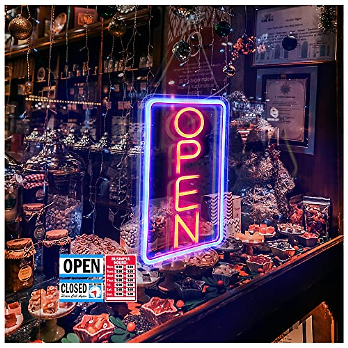 Open Signs for Business,Neon Open Sign Led,16.5"x 9",with Open/Closed Bussiness Hour Sign Set,Light for Bar Coffee Salon Store Window,12V/2A Adapter with ON/OFF Switch (Blue/Red Vertical)