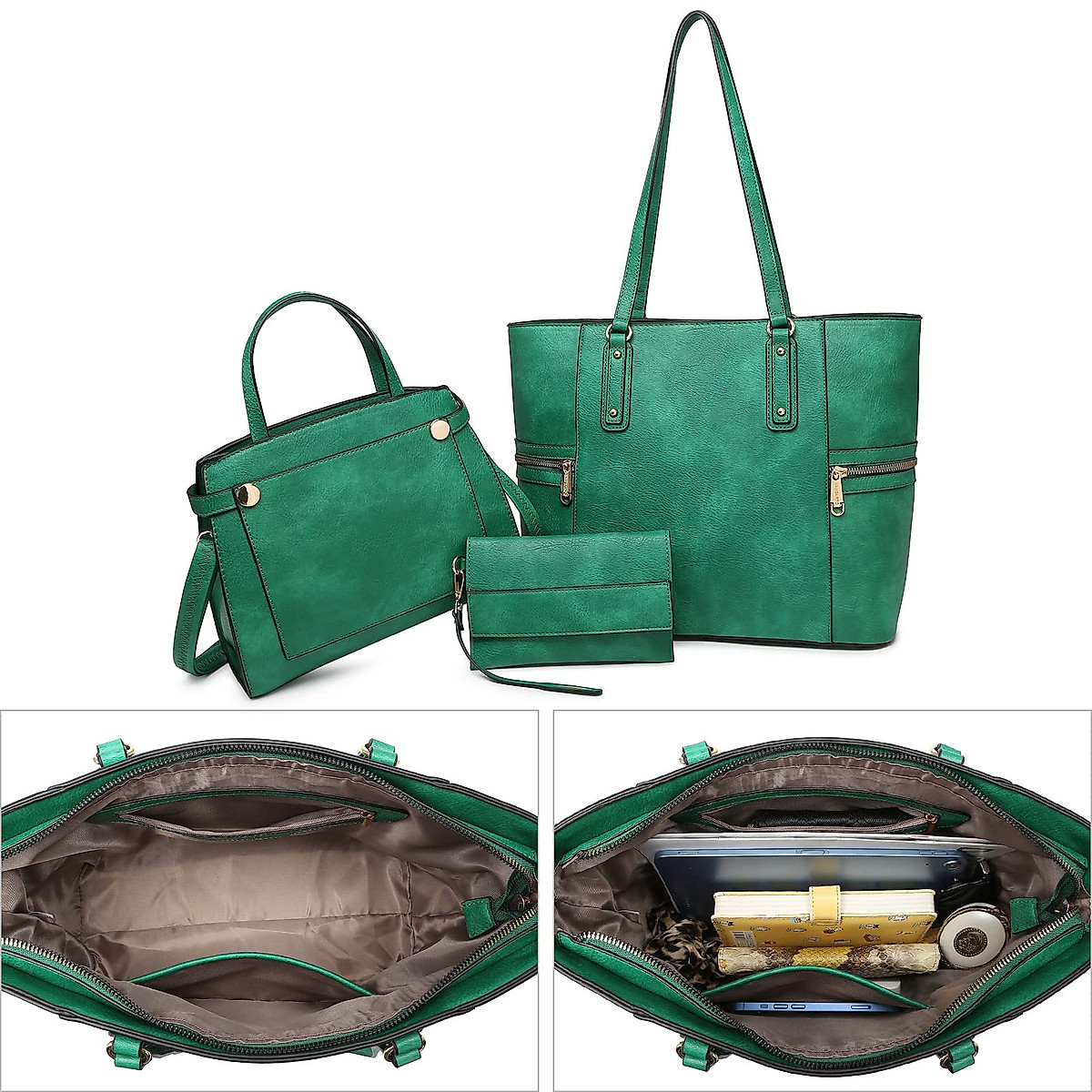 Vansarto Fashion Handbags and Purses for Women Large Work Tote Bag Top Handle Satchel Shoulder Bag 3pcs Hobo Purse Set (Green)