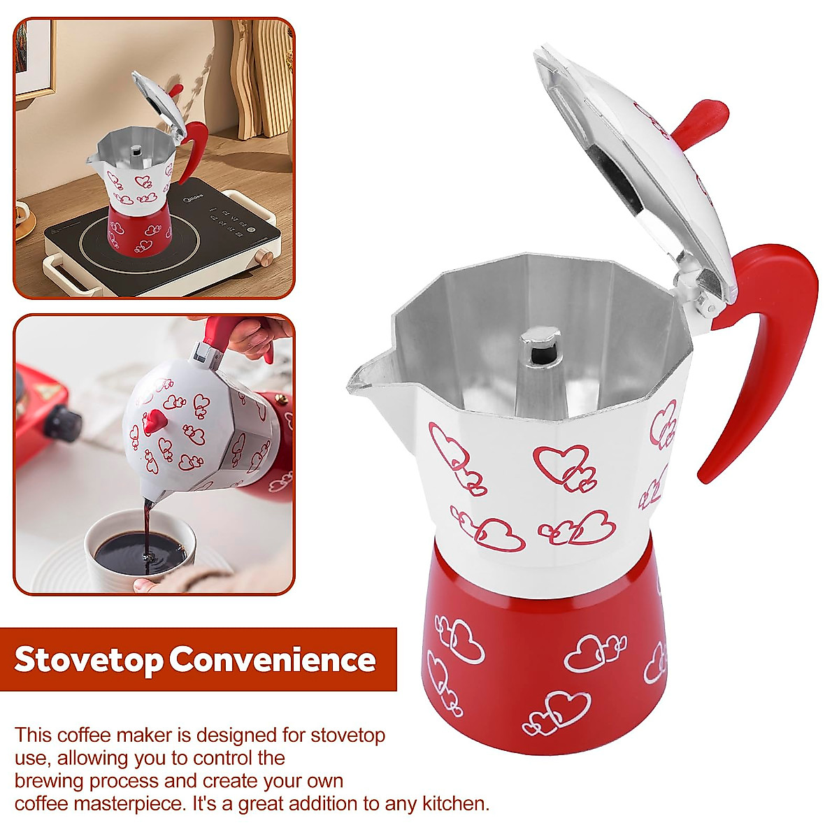 SHANGSKY Espresso Maker Italian Coffee Maker 10oz, Stovetop Coffee Maker Cafetera Italiana Aluminum Mocha Pot with Wooden Handle, Stove Top Espresso Machine (Heart)