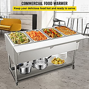 VEVOR Commercial Electric Food Warmer, 4-Pot Steam Table Food Warmer 0-100℃ w/ 2 Lockable Wheels, Professional Stainless Steel Material for Catering and Restaurants