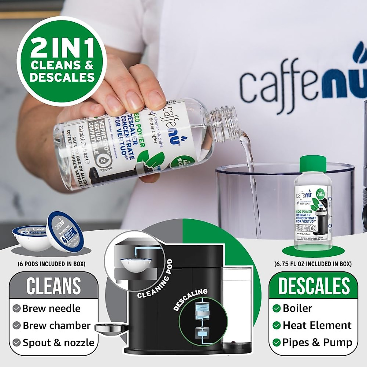 Nespresso Compatible Descaling Kit. 2 Uses Nespresso Vertuo Descaling Solution and 6 Cleaner Pods. Removes Limescale & Cleans Pod Area. Better Tasting & Hotter Coffee. 4 Months Supply.