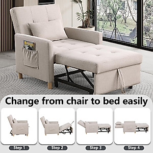 Keainvren Sleeper Chair Bed Convertible Chair Bed Sleeper Pull Out Sofa Bed with Adjustable Backrest Linen Fabric Convertible Chair to Bed with Side Pocket for Living Room, Apartment-Beige