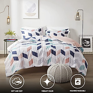 Comfort Spaces Kylar Cozy Comforter Set, Vibrant Chevron Ruching Design with Solid Reverse, All Season Down Alternative Bedding with Matching Sham, Twin/Twin XL (66 in x 90 in), Multi/Blush 2 Piece