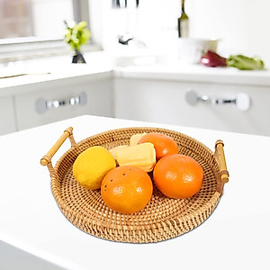 Round Rattan Coffee Table Tray with Handles - Woven Basket Food Decorative Tray ，Handmade Rattan Serving Tray with Handles ，Adorable Natural Bamboo Tray for Ottoman Coffee Table (Large/11 inch)