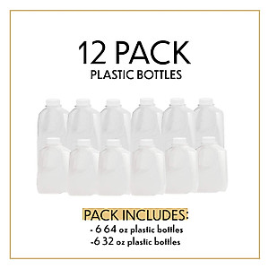Upper Midland Products Half Gallon Jugs With Caps - 64oz (6PK) and 32oz (6PK) Empty Plastic Bottles and Lids - 12 Bottles Total