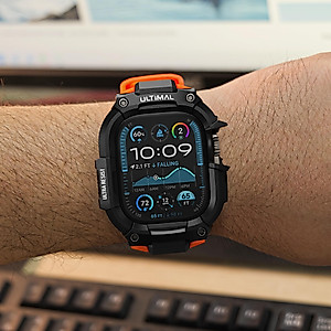 ULTIMAL Bands Case Compatible with Apple Watch Ultra 2/1 49mm for Men, Rugged Sports Band with Tough Shockproof Bumper Case, Heavy Duty Replacement Band (Black/Orange)