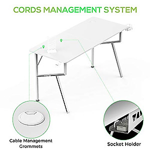 Eureka Ergonomic Computer Desk, 63 inch Large Study Gaming PC Desk for Home Office Long Wrting Table with Mouse Pad Headset Hook Cup Holder, K Shape Metal Frame - White