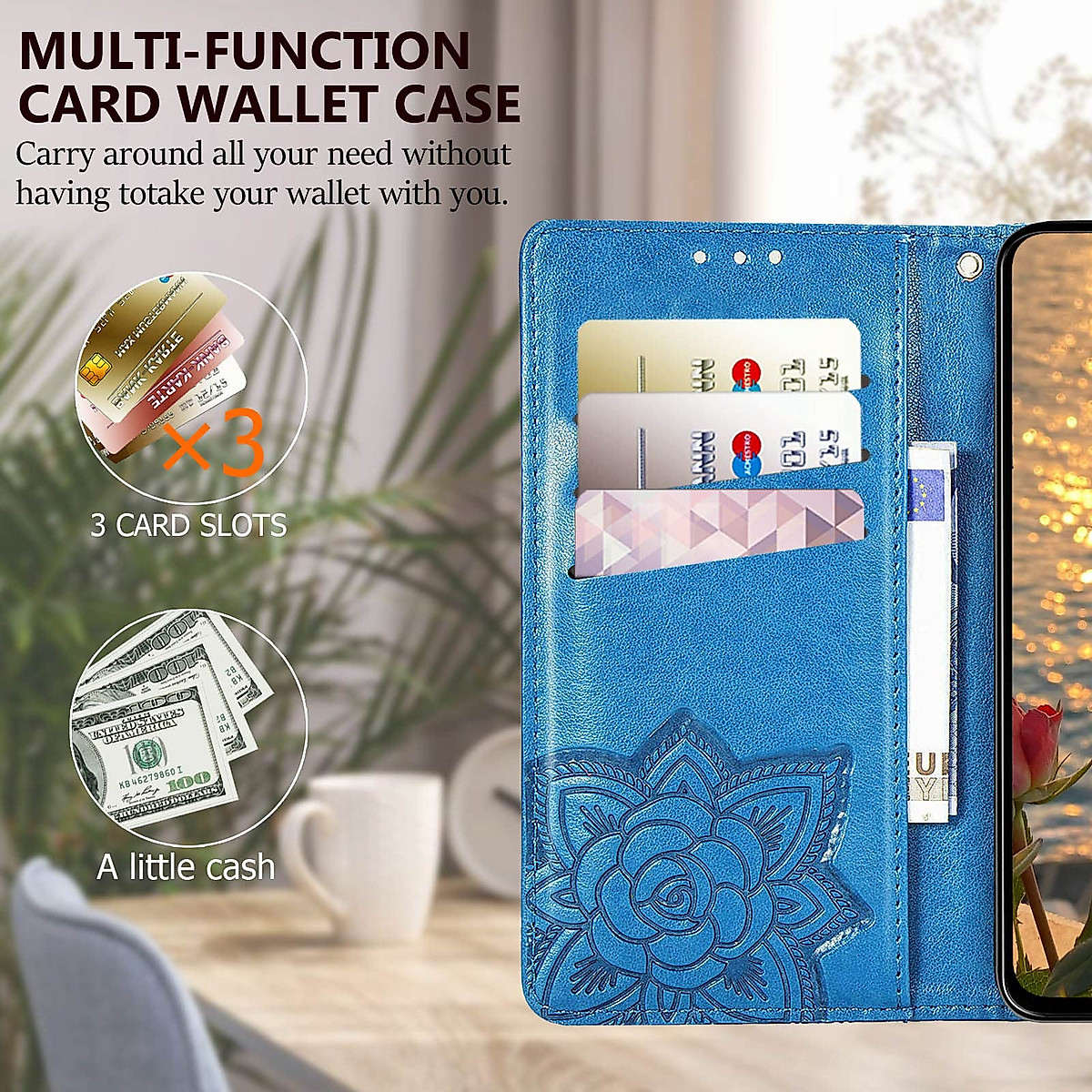 KRHGEIK for Samsung Galaxy S23 5G Case Wallet,Women Flip Folio Cover with Butterfly Embossed PU Leather Kickstand Credit Card Holders Slots Wrist Strap Phone Case 6.1" (Blue)